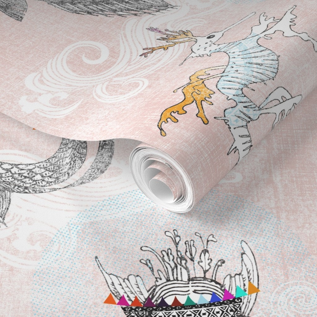 Mermaid Wallpaper Boho Maids Dragons by Nouveau Bohemian - Etsy