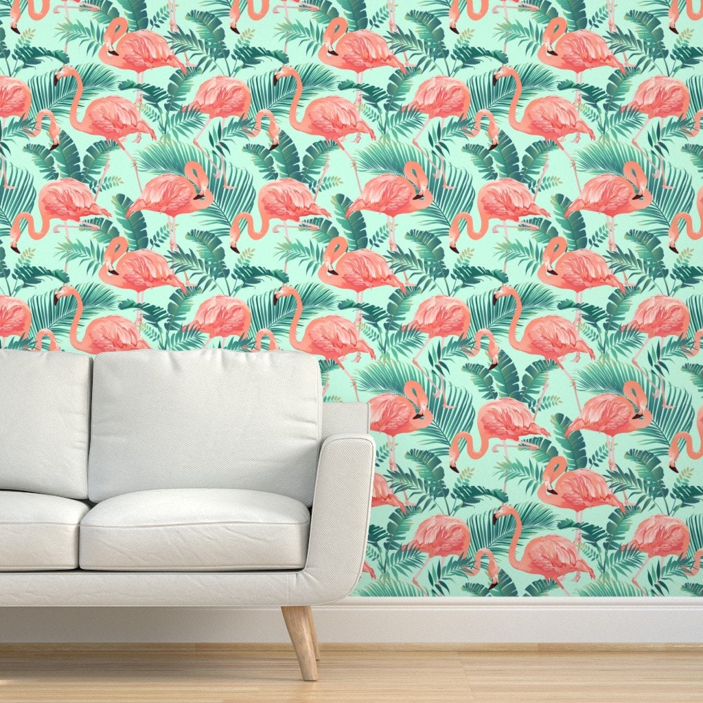 Flamingo Wallpaper Pink Flamingos on Teal Tropical Plants by | Etsy
