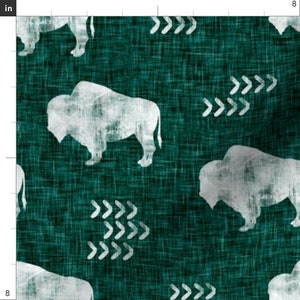 Bison Fabric Distressed Buffalo on Dark Green Linen by ...