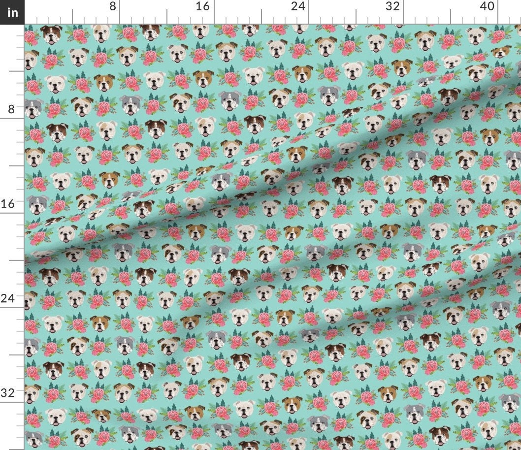 English Bulldog Fabric English Bulldog Faces Florals Mint | Etsy