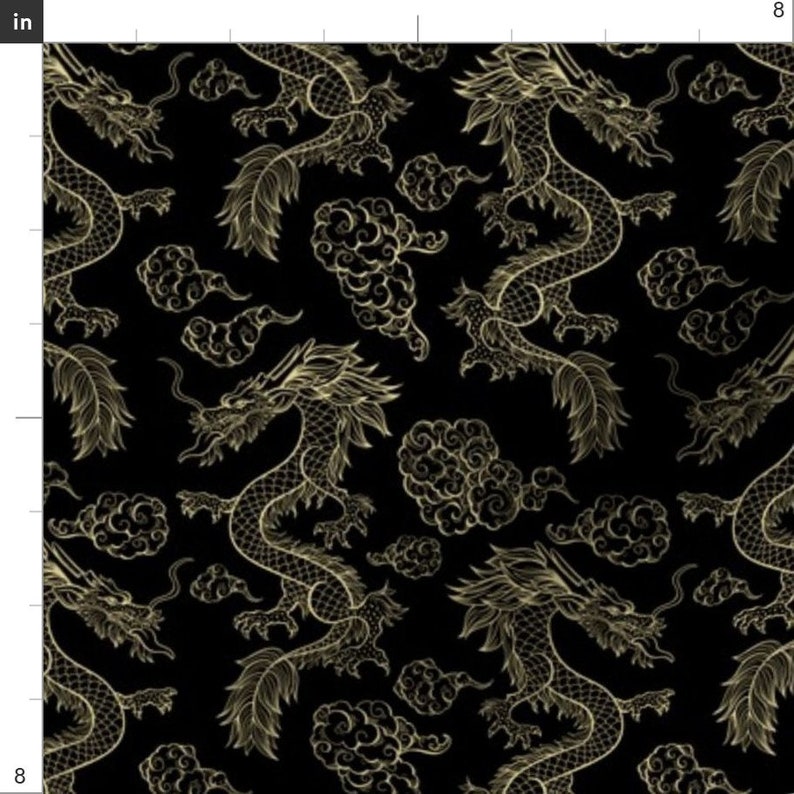 Small Scale Dragon Fabric Chinese Dragon and Clouds Black by | Etsy