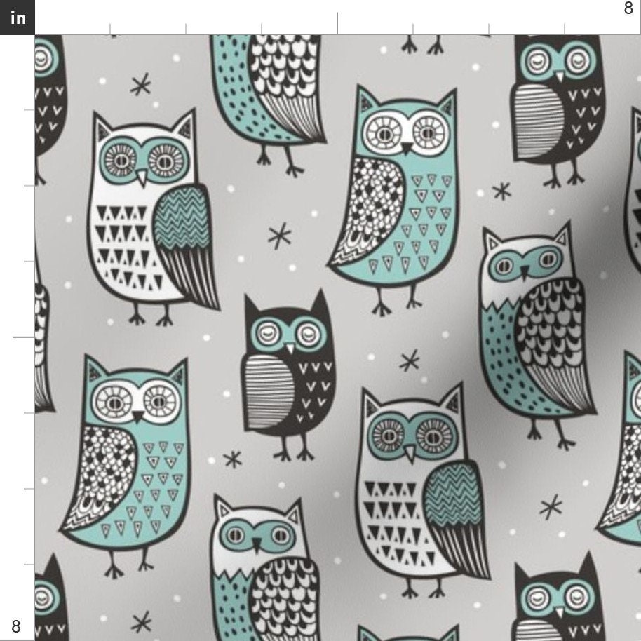 Owl Fabric Owls Owl Woodland Fall Winter Black White Green | Etsy