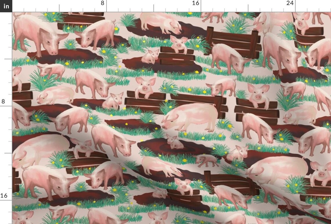 Farmyard Pigs Fabric - on the Pig Farm by Kociara - Pink Pigs Nursery ...