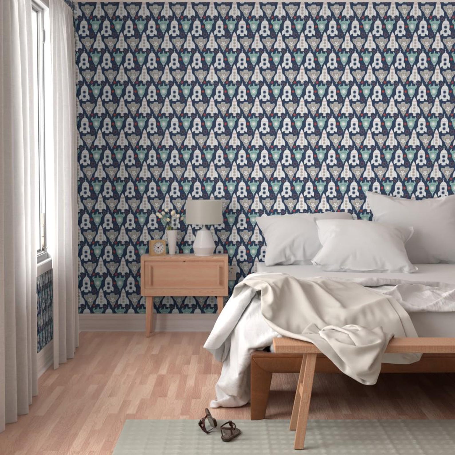 Rocket Ships Wallpaper - Rocket Race in Navy by Sugarfresh - Space Boy ...