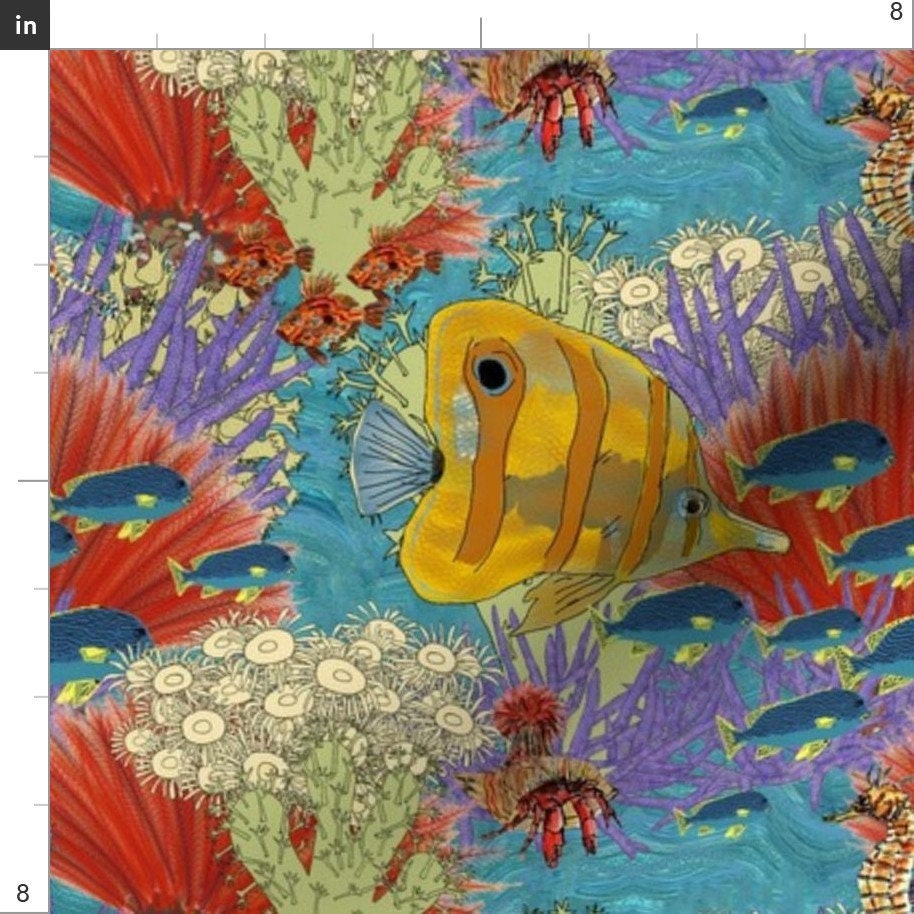 Coral Reef Life Fabric Great Barrier Reef By Linsart Fish | Etsy