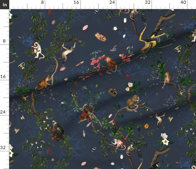 Botanical Fabric Monkey Chinoiserie by Fifikoussout - Etsy