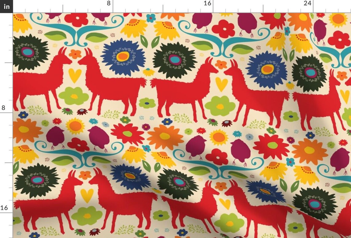 Folk Art Llamas Fabric - Llama Brightfolk by Onelittleprintshop - Block ...