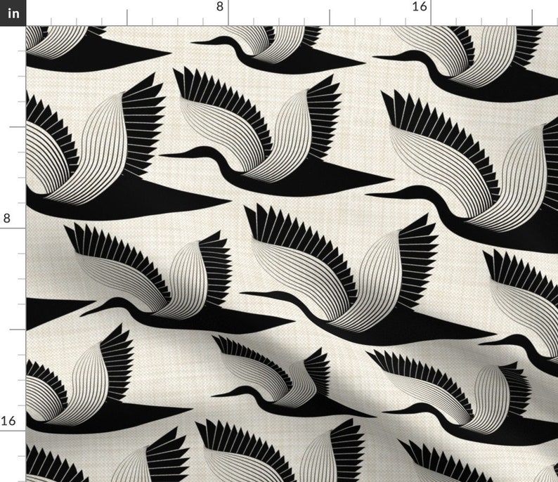 Stork Black Abstract Birds Fabric Storks on Linen by Vo Aka | Etsy