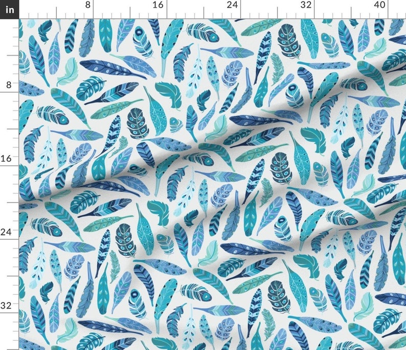 Blue Abstract Feathers Illustration Fabric Birds of A | Etsy
