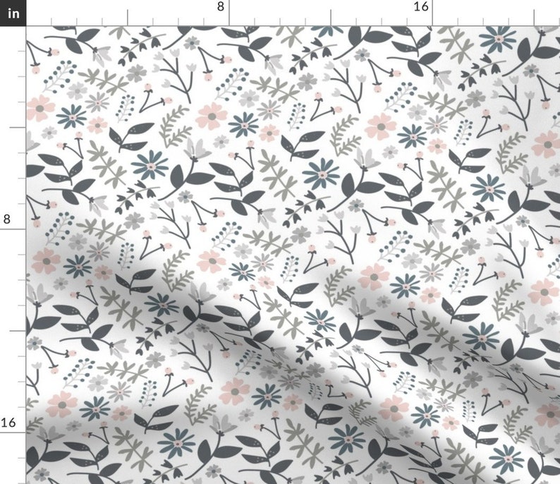 Muted Floral Fabric Grey and Pink Flowers by Beesweet - Etsy