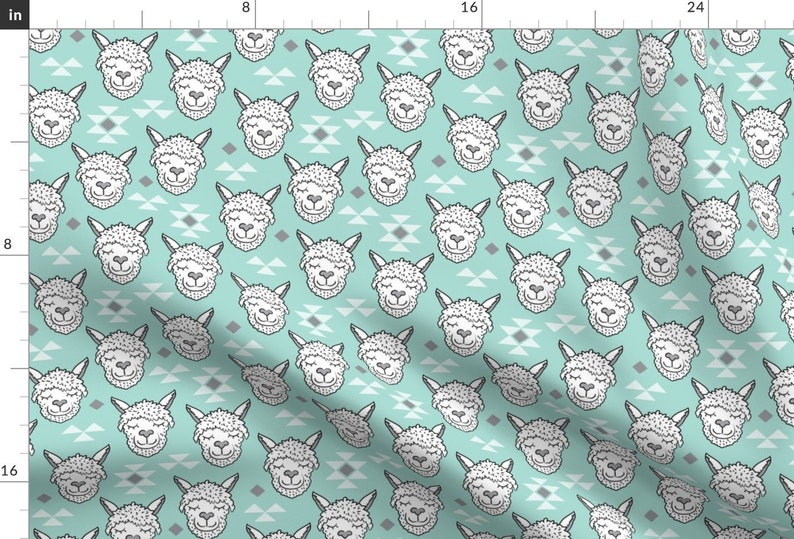 Lama Fabric Llamas And Triangles On Teal By Lilcubby | Etsy
