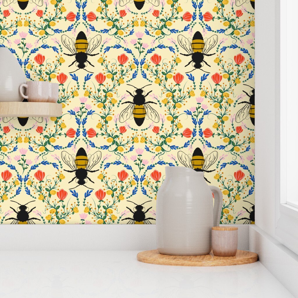 Bee Garden Wallpaper Bee Floral by Lapetitelecour Yellow - Etsy