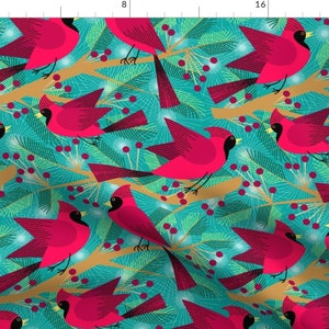 Cardinals Red Green Birds Fabric Winter Solstice Cardinals in A Snowy ...