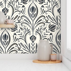 Rococo Wallpaper Rochelle by Amy Maccready Beige Black Nouveau Floral ...