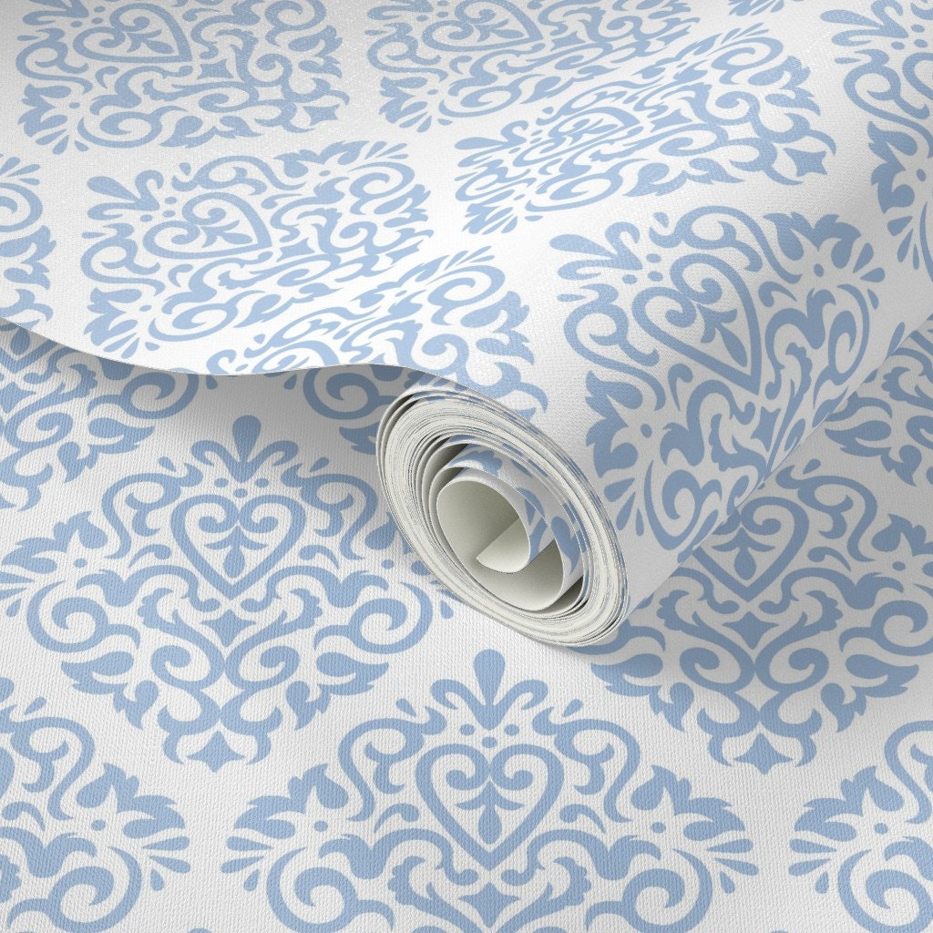 Damask Wallpaper Light Blue on White by Mariafaithgarcia - Etsy