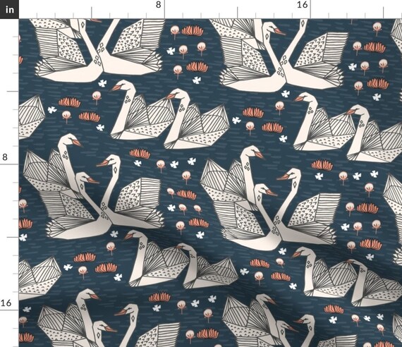 Swan Fabric Swans Lily Pond Swans Dark Blue Navy Blue Bird - Etsy