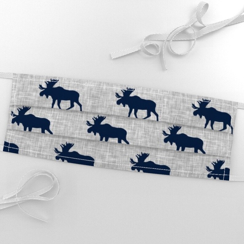 Moose Fabric Navy Moose on Light Gray Linen by | Etsy