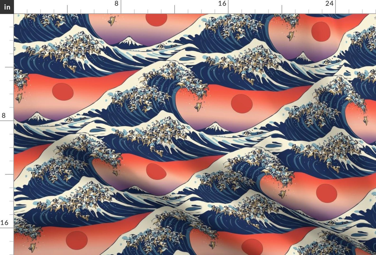 Pug Ocean Waves Japan Fabric - the Great Wave of Pugs by Huebucket ...
