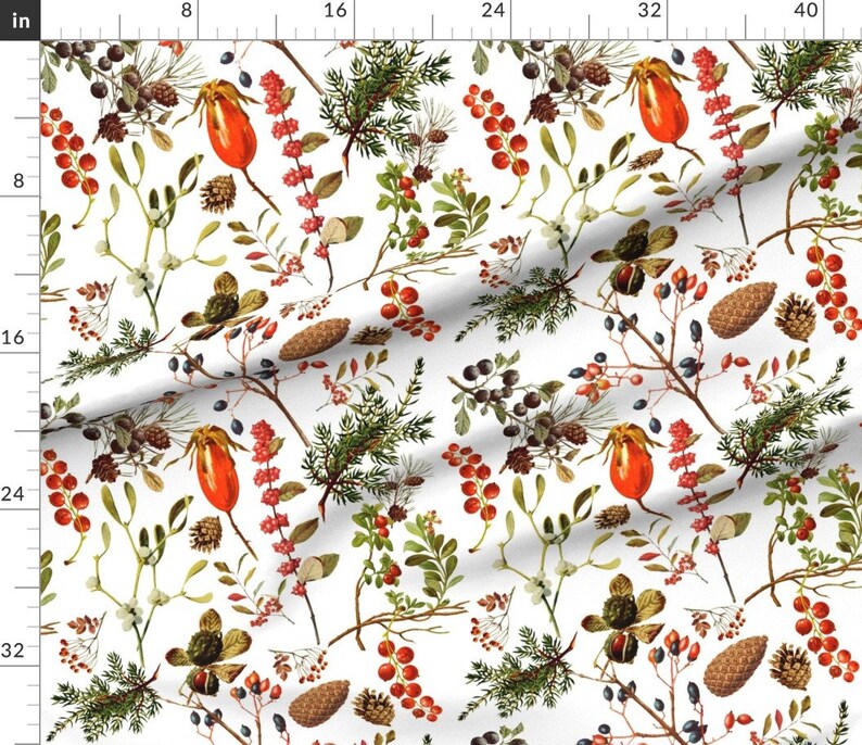 Winter Berries Fabric Vintage Botanical Winter lg. by - Etsy