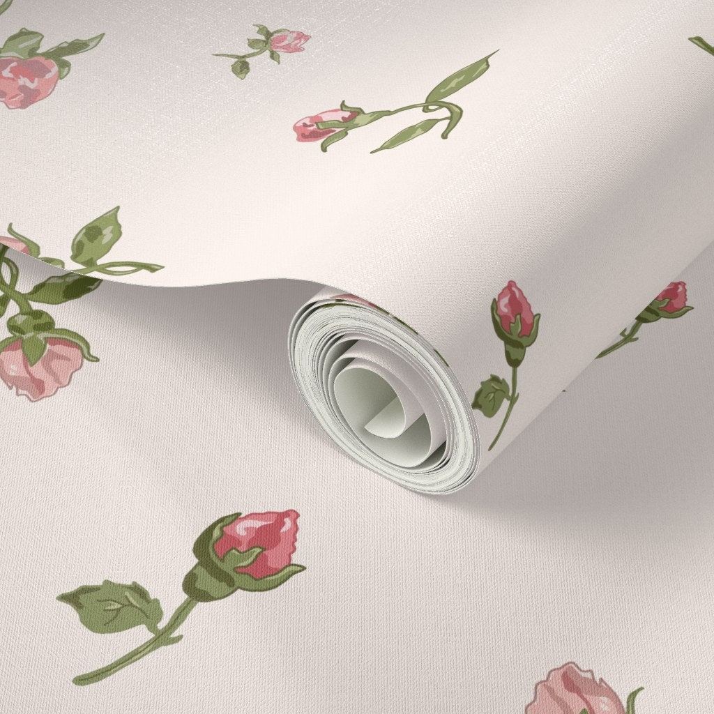 Rose Wallpaper Scattered Vintage Rosebuds by Bravenewart - Etsy