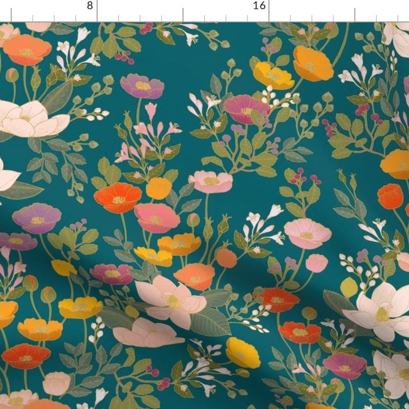 Teal Floral Fabric - Etsy