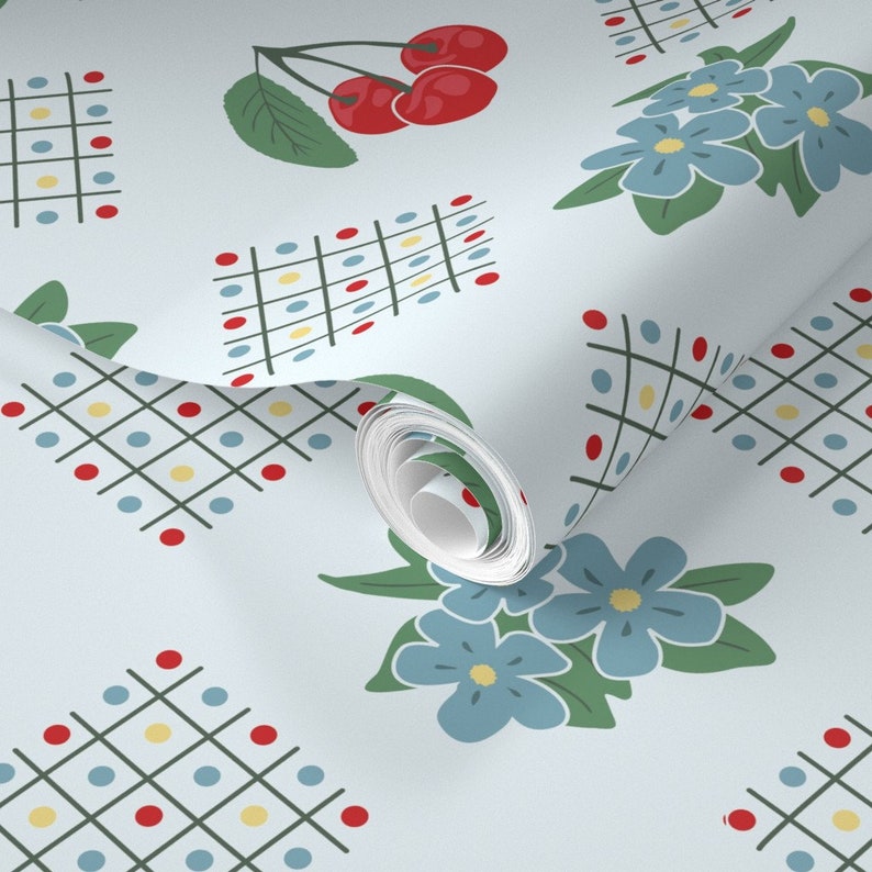 Retro Cherry Wallpaper 1940'S Style Cherry in Blue Large - Etsy