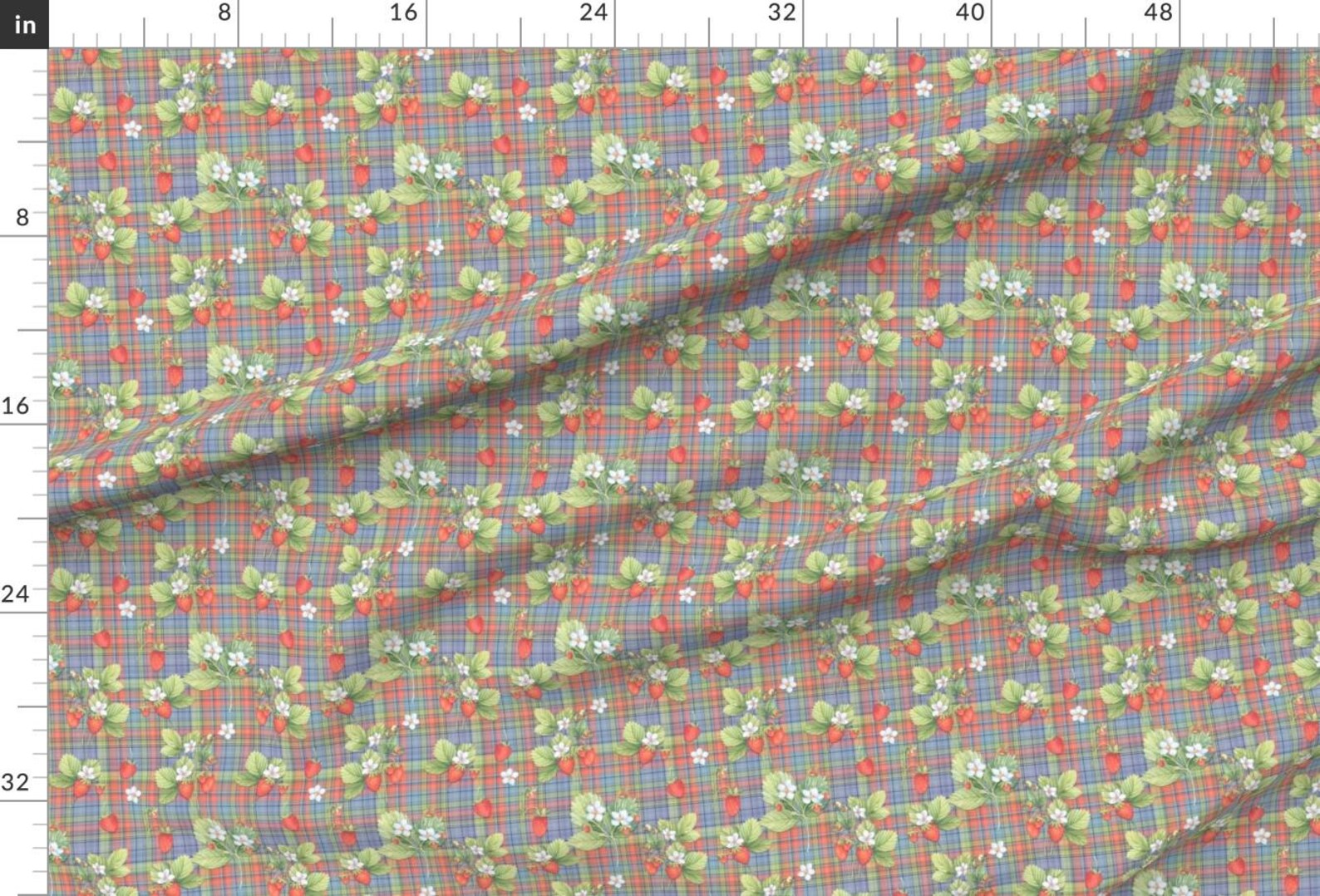 Strawberry Plaid Fabric - Watercolor Strawberries on Blue Plaid by ...