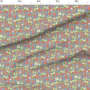 Strawberry Plaid Fabric - Watercolor Strawberries on Blue Plaid by ...