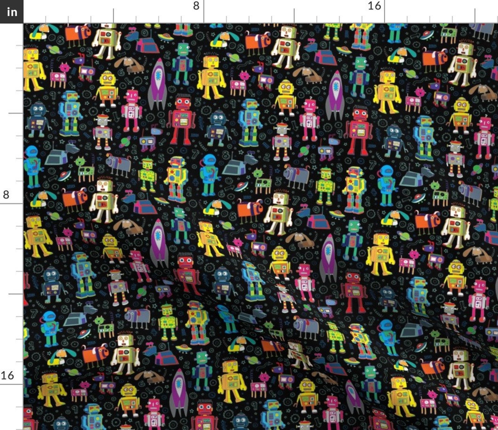 Robots Fabric Robots in Space Black by Cecca Robot | Etsy