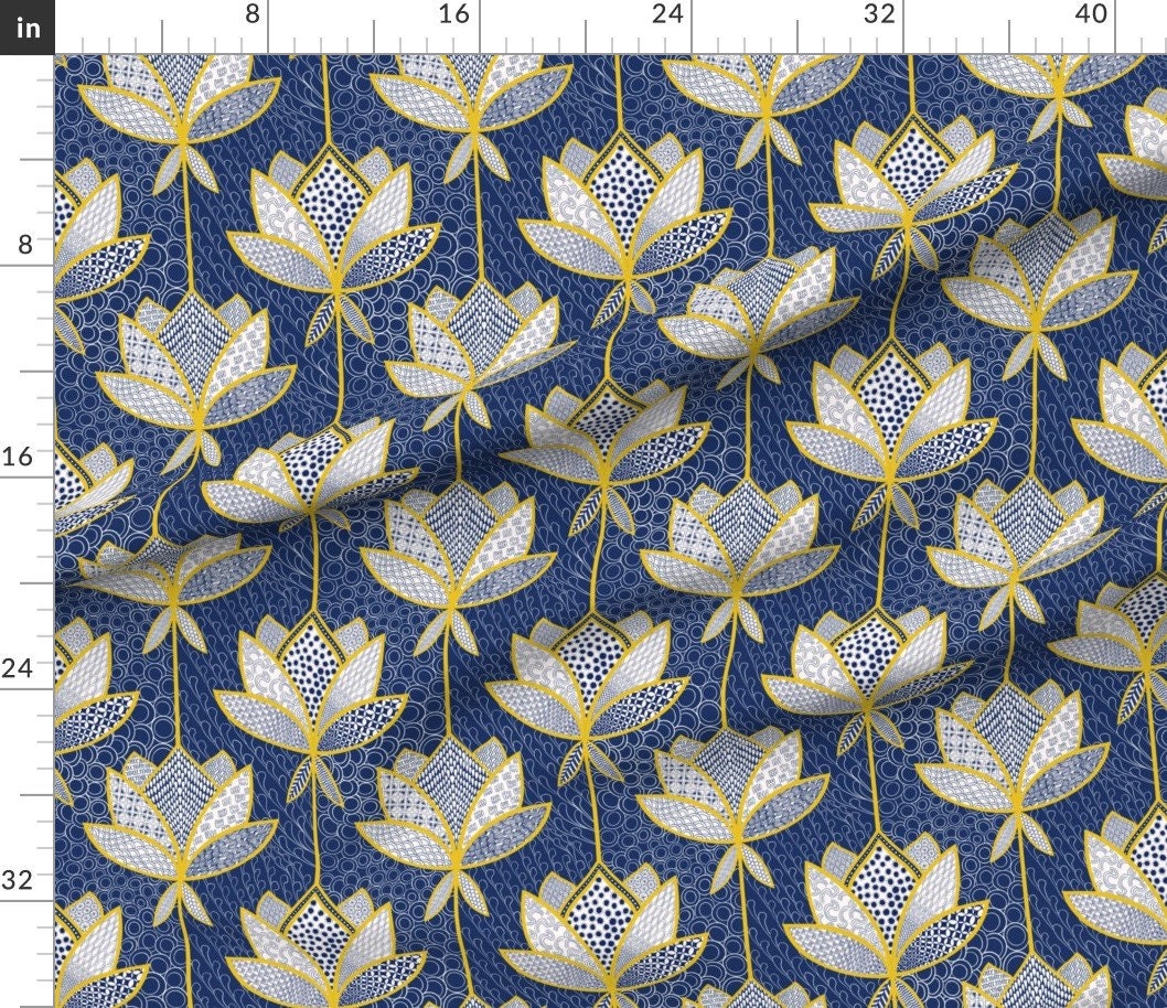 Lotus Fabric Japanese Lotus by Nina Leth Blue Yellow - Etsy