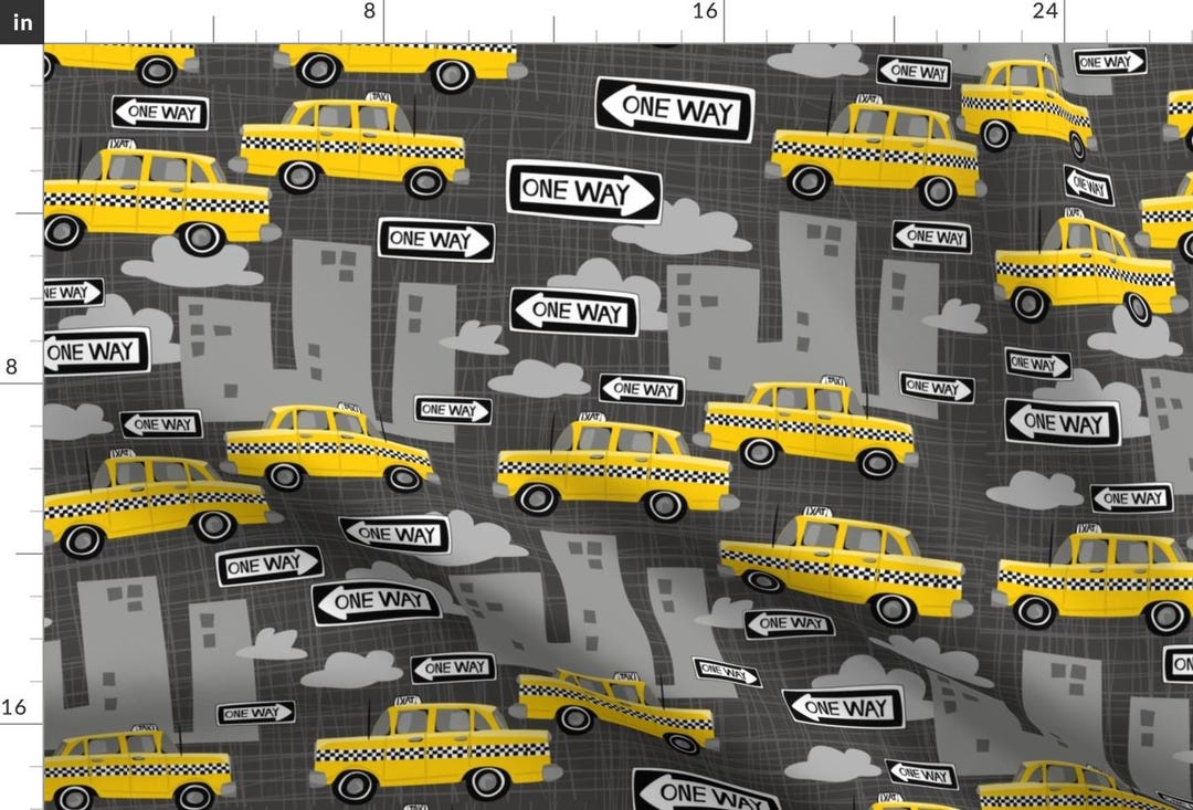 Taxi Fabric - One Way by Bzbdesigner - Gray Yellow City Street Taxi Cab ...