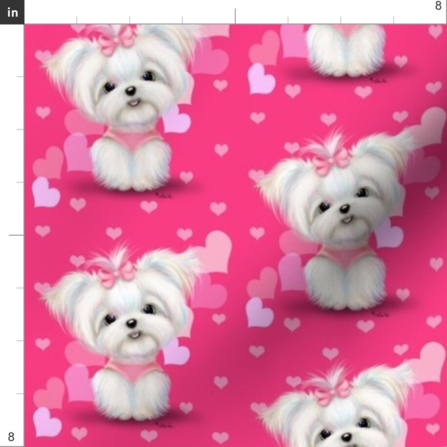 Maltese Fabric Maltese Pink Hearts by Catialee Maltese Dog - Etsy