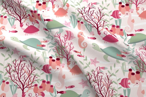 Marine Ocean Pink Nautical Fabric Life In The Reef By | Etsy