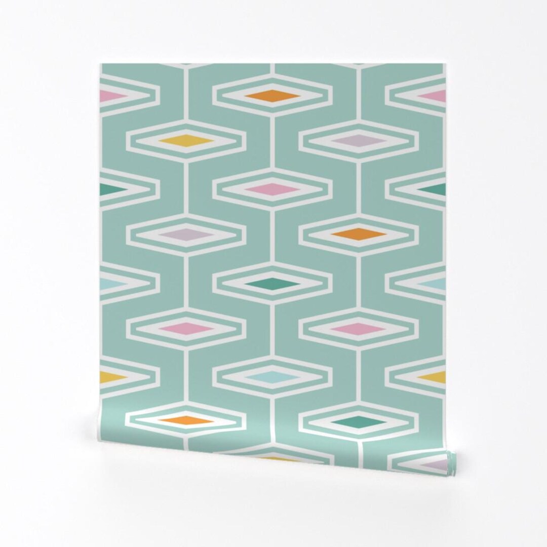 Geometric MCM Wallpaper - Palm Springs Sunrise by Lellobird - Aqua Blue ...