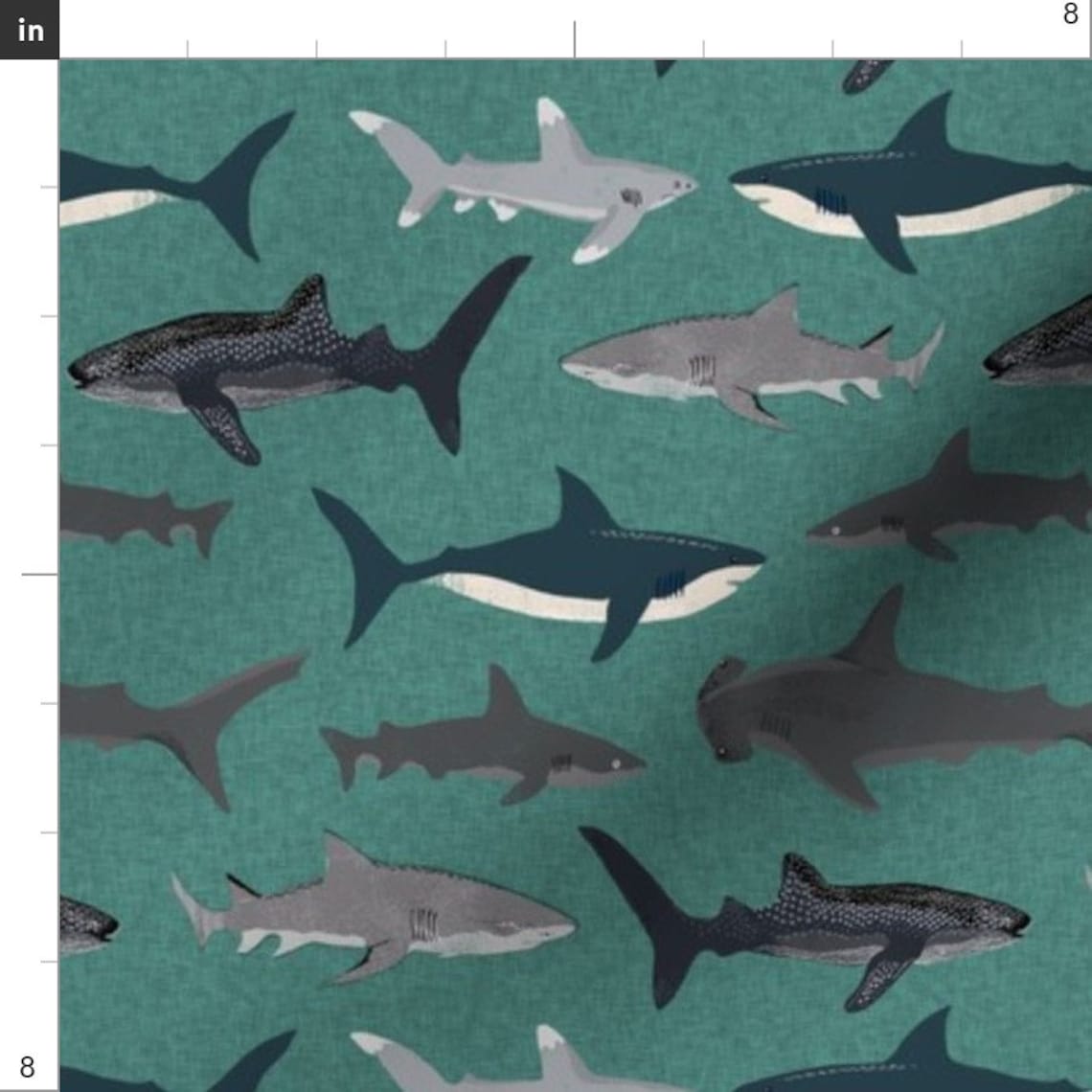 Shark Fabric Nautical Sharks by Andrea Lauren Teal Green - Etsy