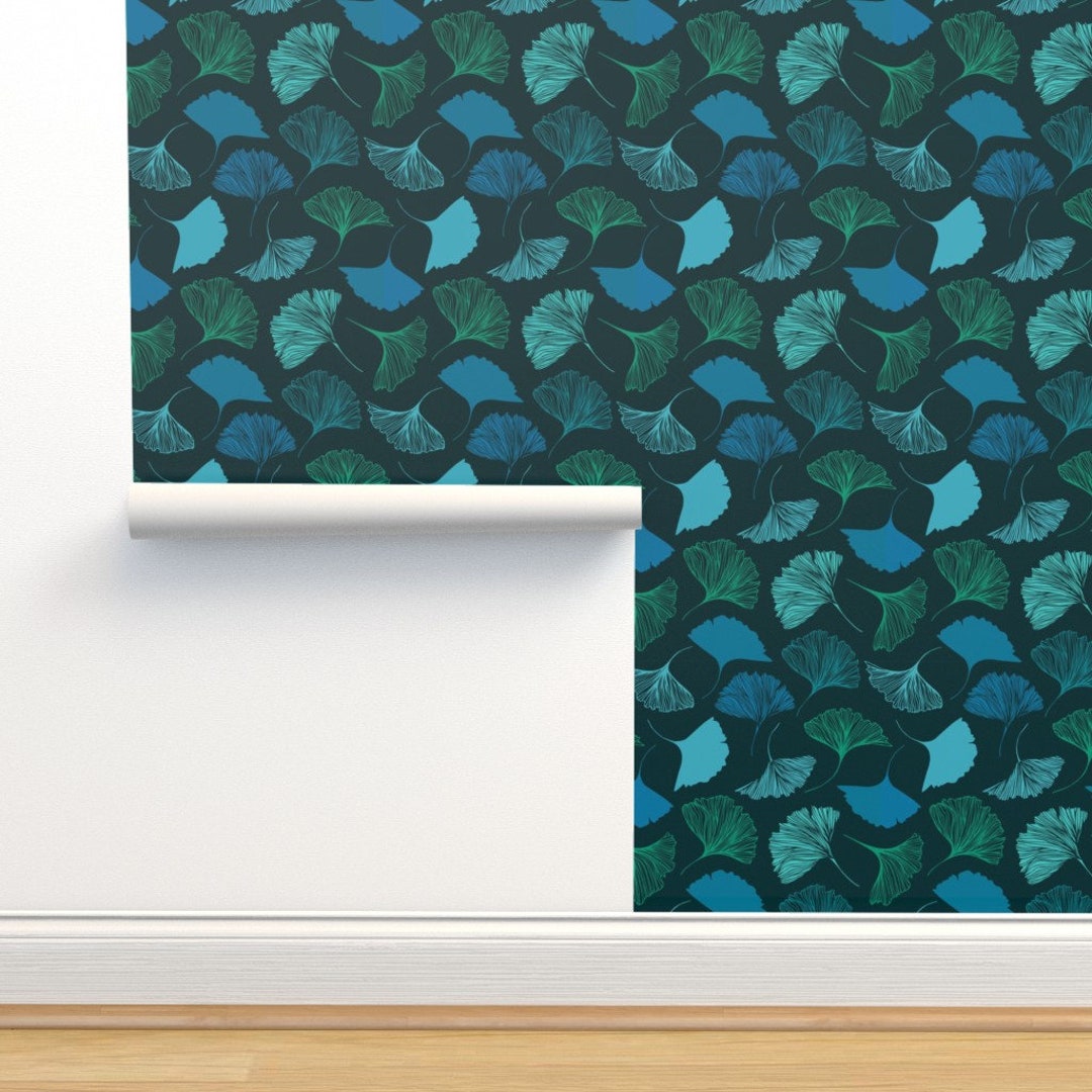 Ginkgo Wallpaper Magic Ginkgo by Silmen Teal Blue Green - Etsy