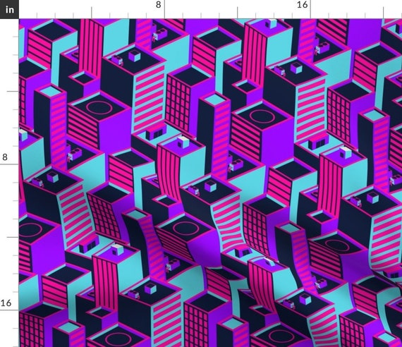 Retro Buildings Fabric Neon City by Roofdog_designs - Etsy