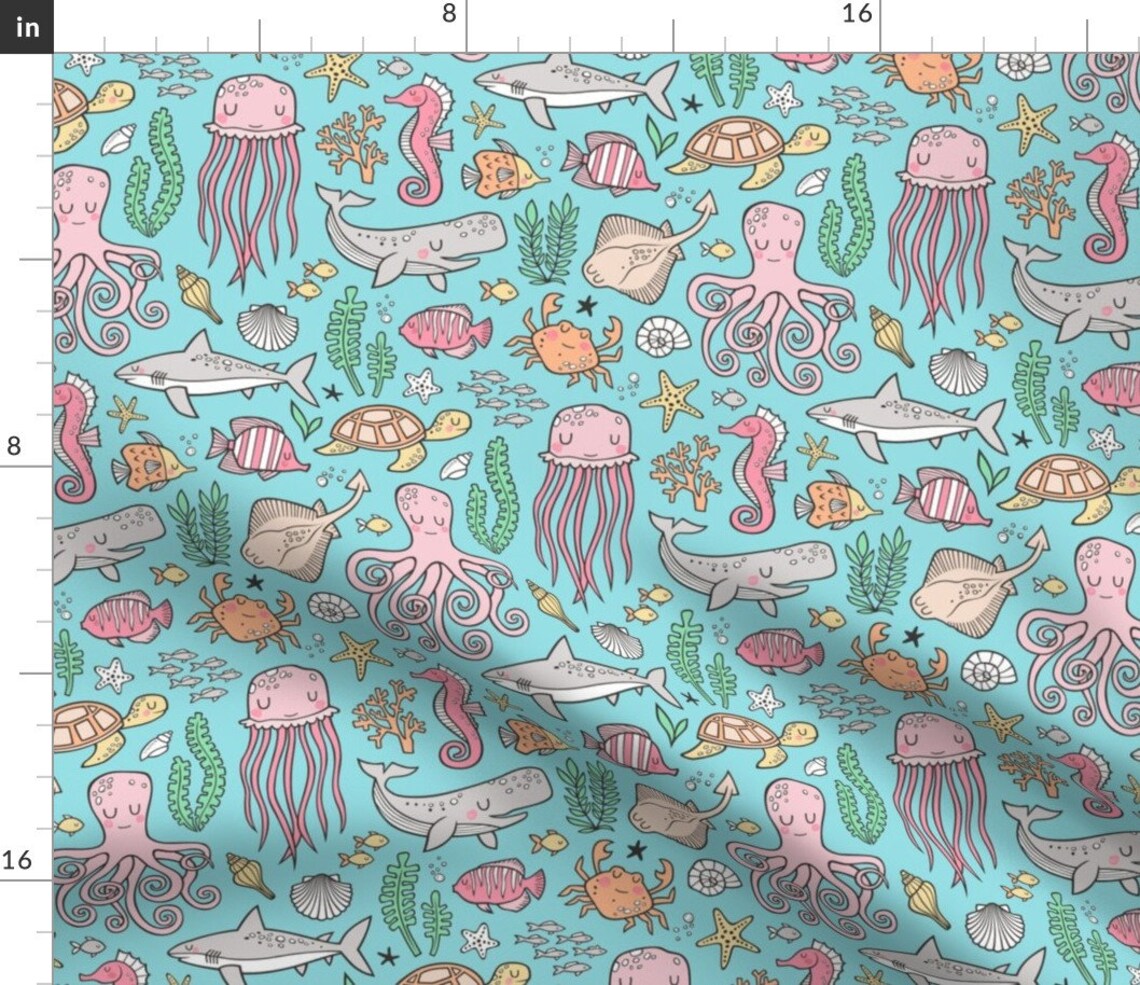 Ocean Life Fabric Ocean Marine Sea Life Doodle Shark Whale - Etsy