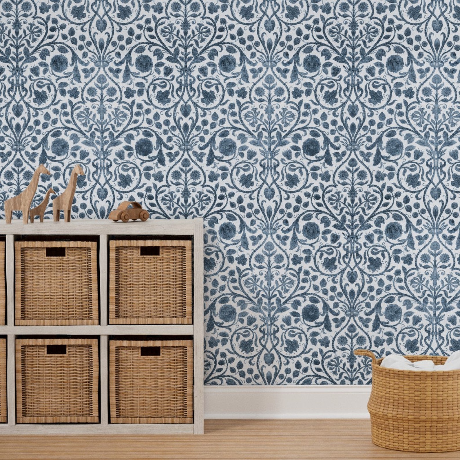 Blue Damask Wallpaper Provence Blue White by - Etsy