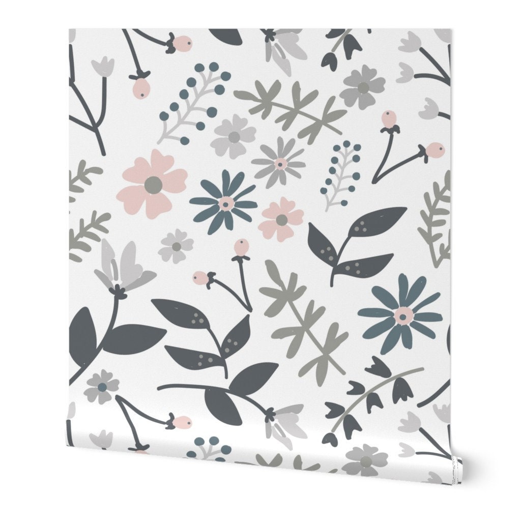 Floral Wallpaper Gray and Pink Flowers by Beesweet Floral | Etsy