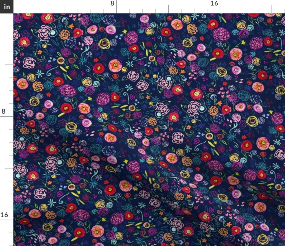 Petite Navy Floral Fabric Colorful Floral Doodle on Navy - Etsy