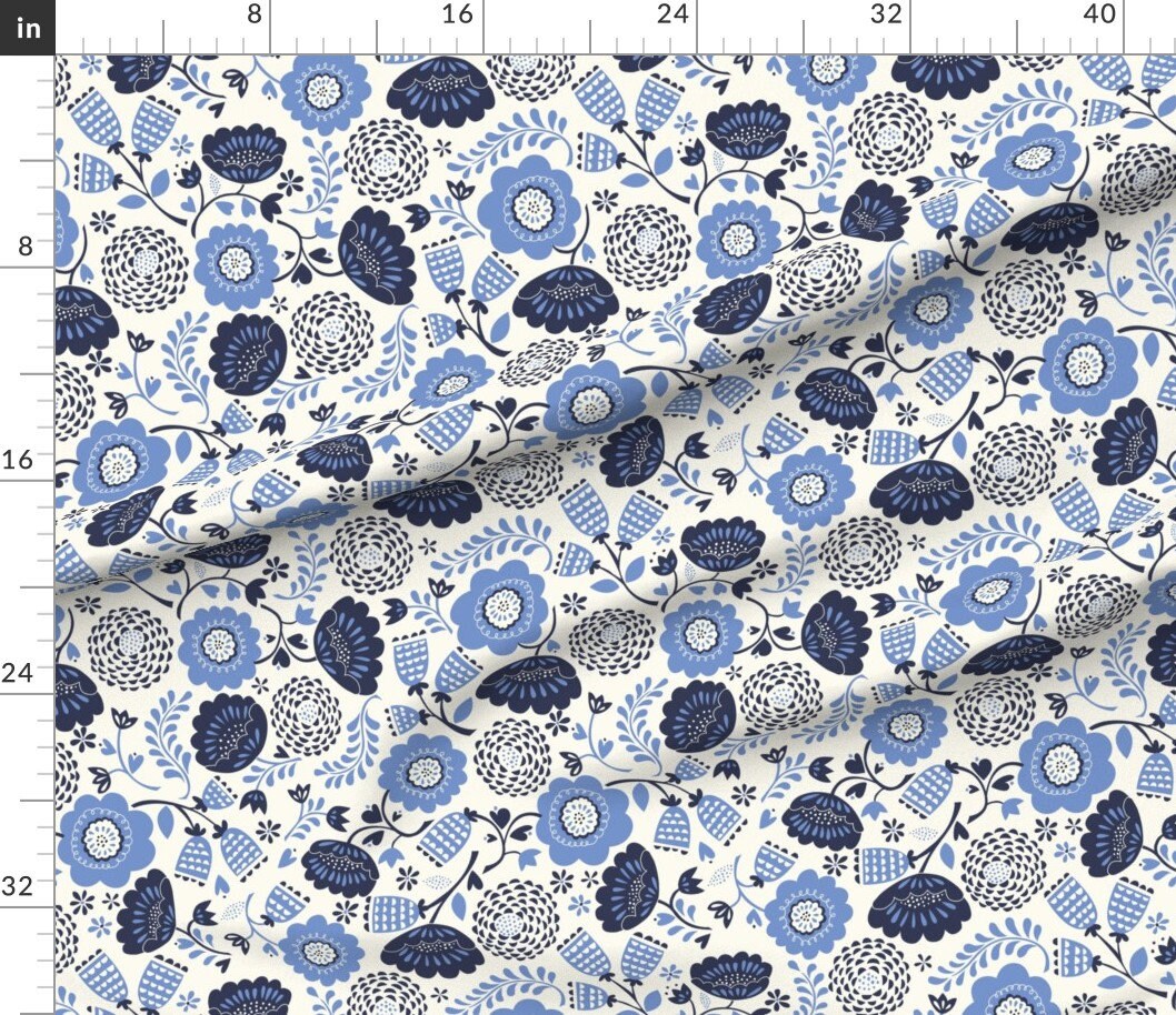 Blue Modern Scandi Floral Fabric Blooming Delf by | Etsy