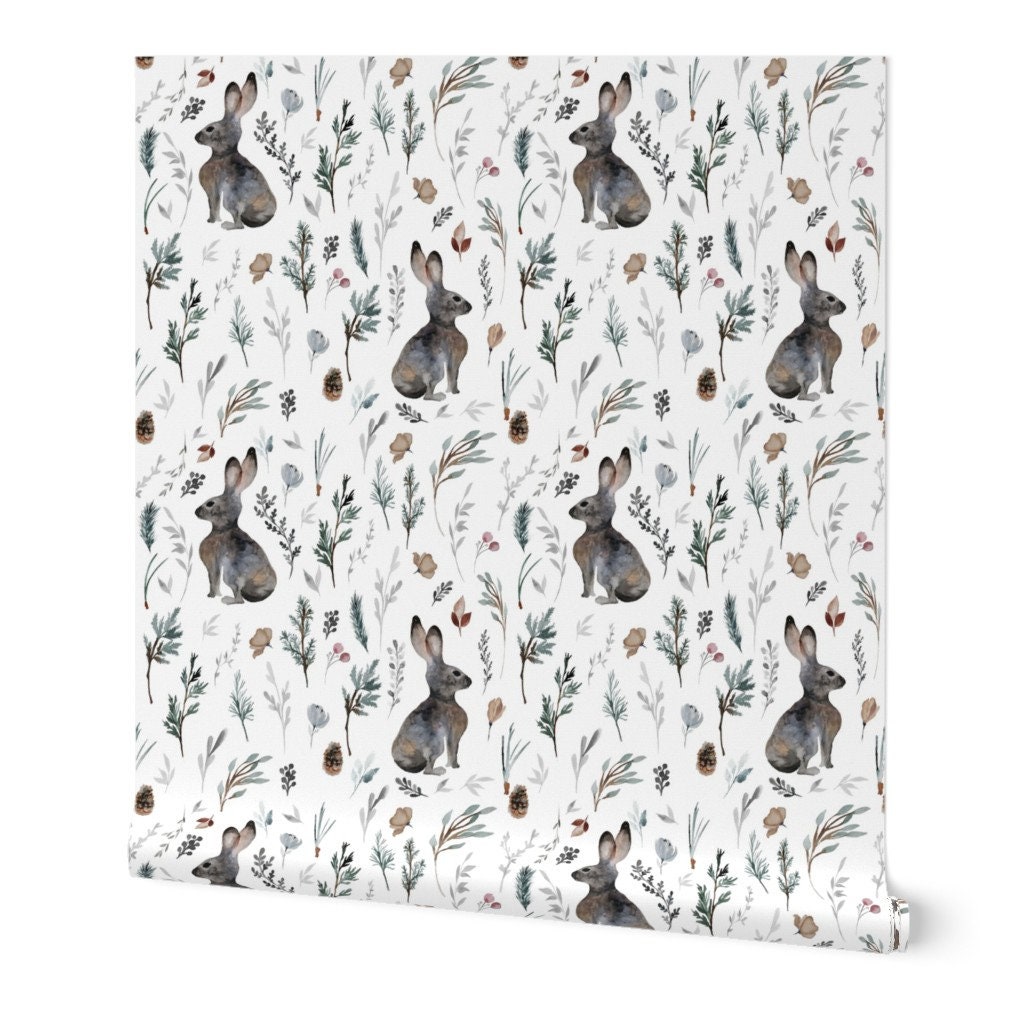 Nursery Wallpaper Woodland Bunnies by Hipkiddesigns White | Etsy