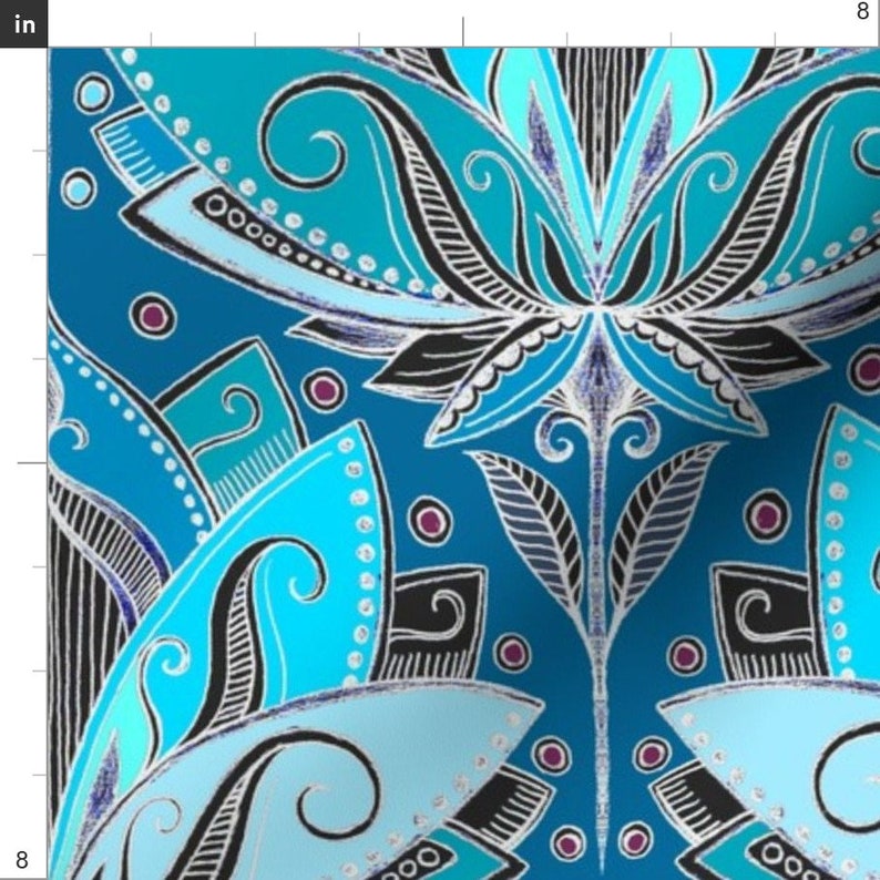 Lotus Fabric Art Deco Lotus Rising in Tea Turquoise Black by - Etsy