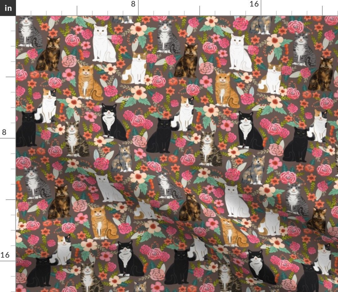 Cats Floral Fabric Cat Florals Mixed Breeds Pet Fabrics Dark - Etsy