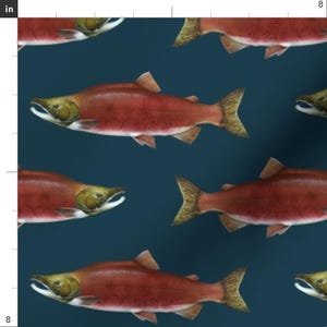 Red Salmon Fabric Sockeye Salmon on 1d3d4c Navy by Weavingmajor Pond ...