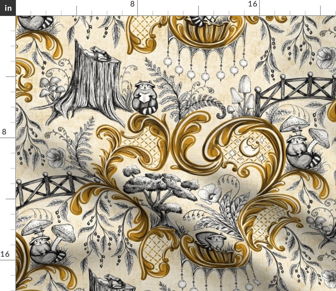 Raccoon Rococo Fabric Raccoco Ochre By Byre Wilde Baroque | Etsy