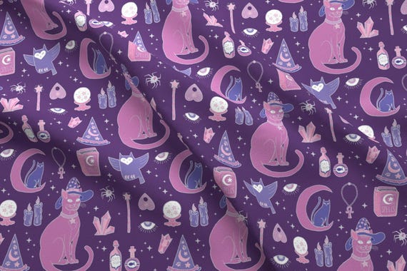 Magic Cat Fabric Mystical Cats In Purple By Pinkowlet Witch | Etsy