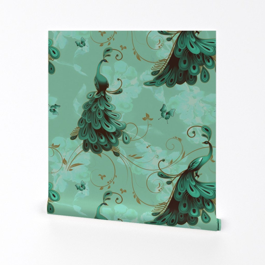 Turquoise Peacock Flora Wallpaper Seafoam Peacocks by Lafleur Teal ...