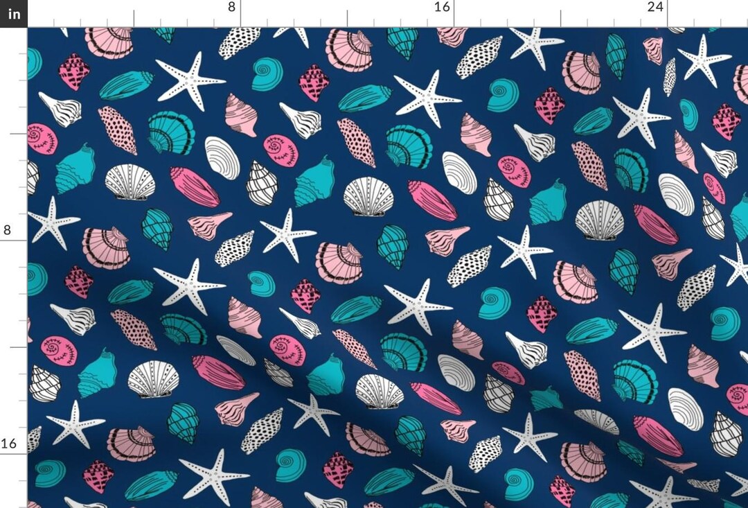 Navy Shells Fabric - Seashell Summer Beach Fabric Baby Nursery by ...